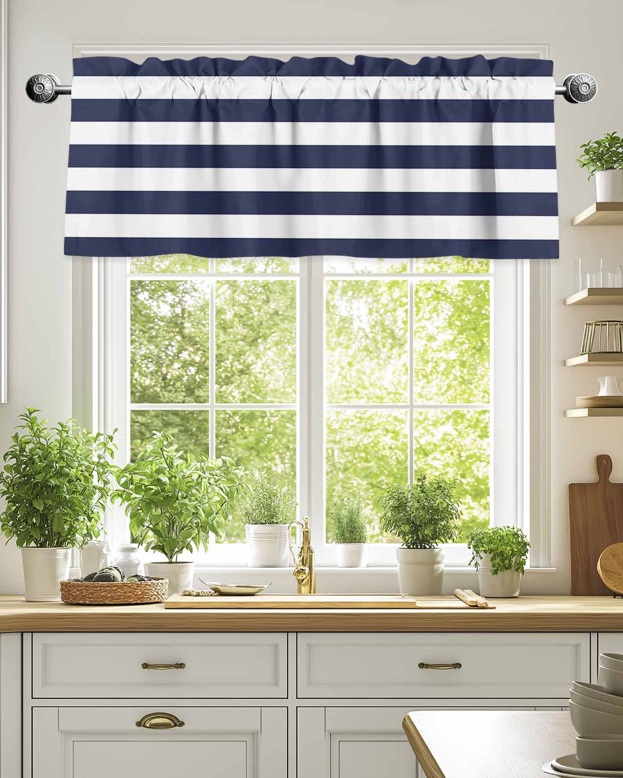 Navy Blue and White Stripe Valances for Windows,Kitchen Valance Rod ...