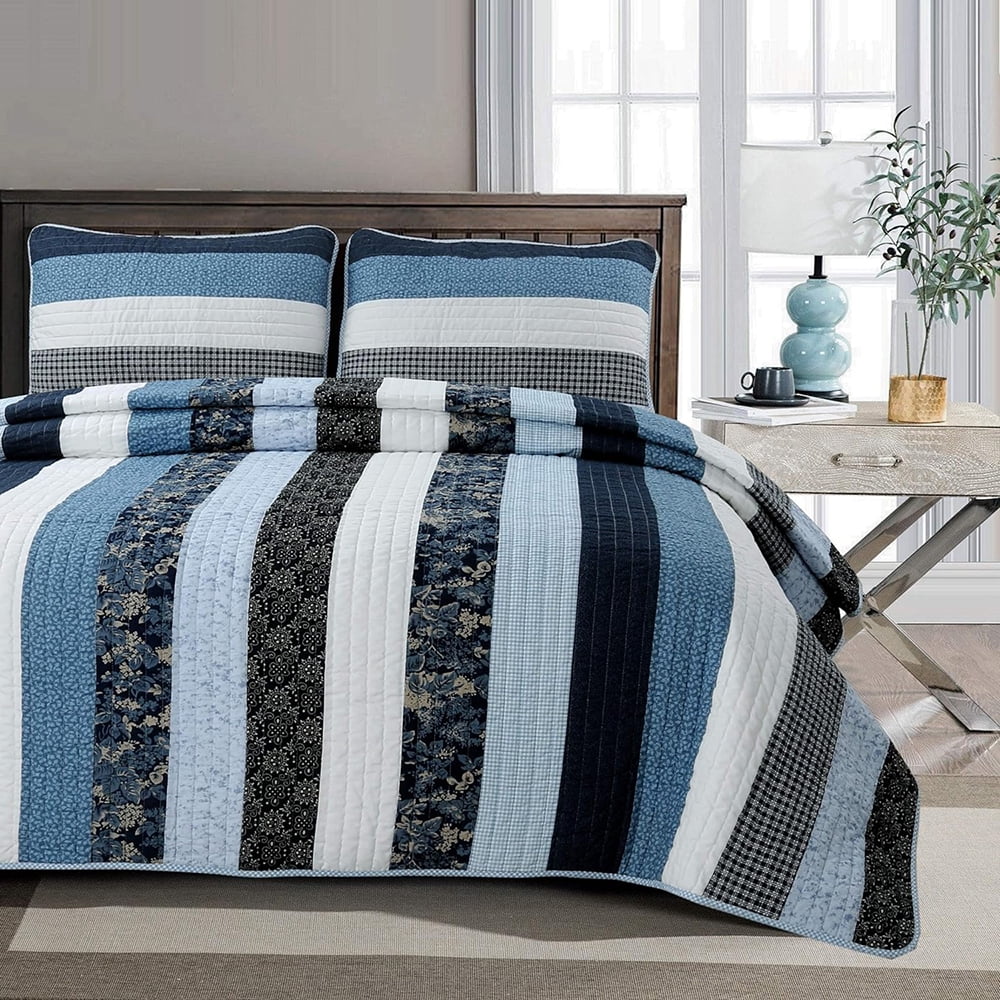 Navy Blue White Striped Cotton Reversible Quilt Bedding Set, Coverlet ...