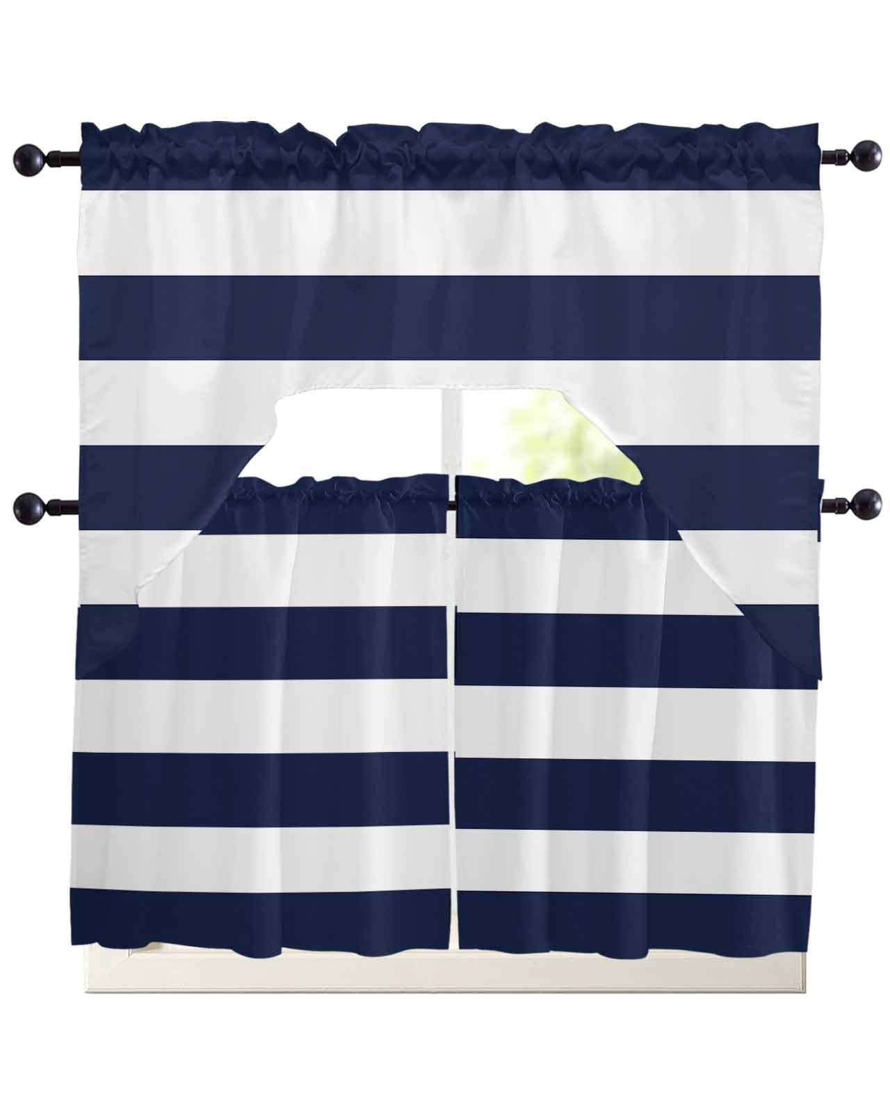 Navy Blue White Striped Kitchen Curtains Sets 24 Inch Length with ...