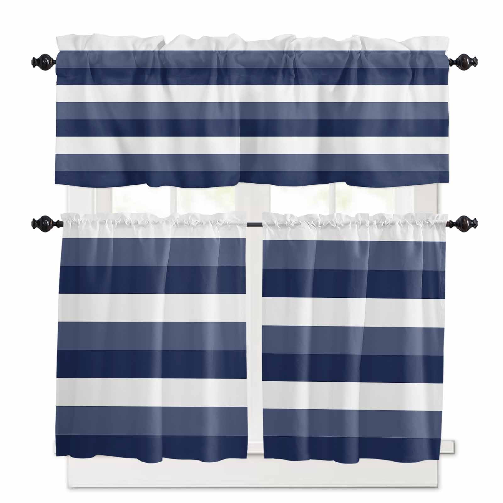 Navy Blue White Striped Kitchen Curtains and Valances Set, 3 Piece ...