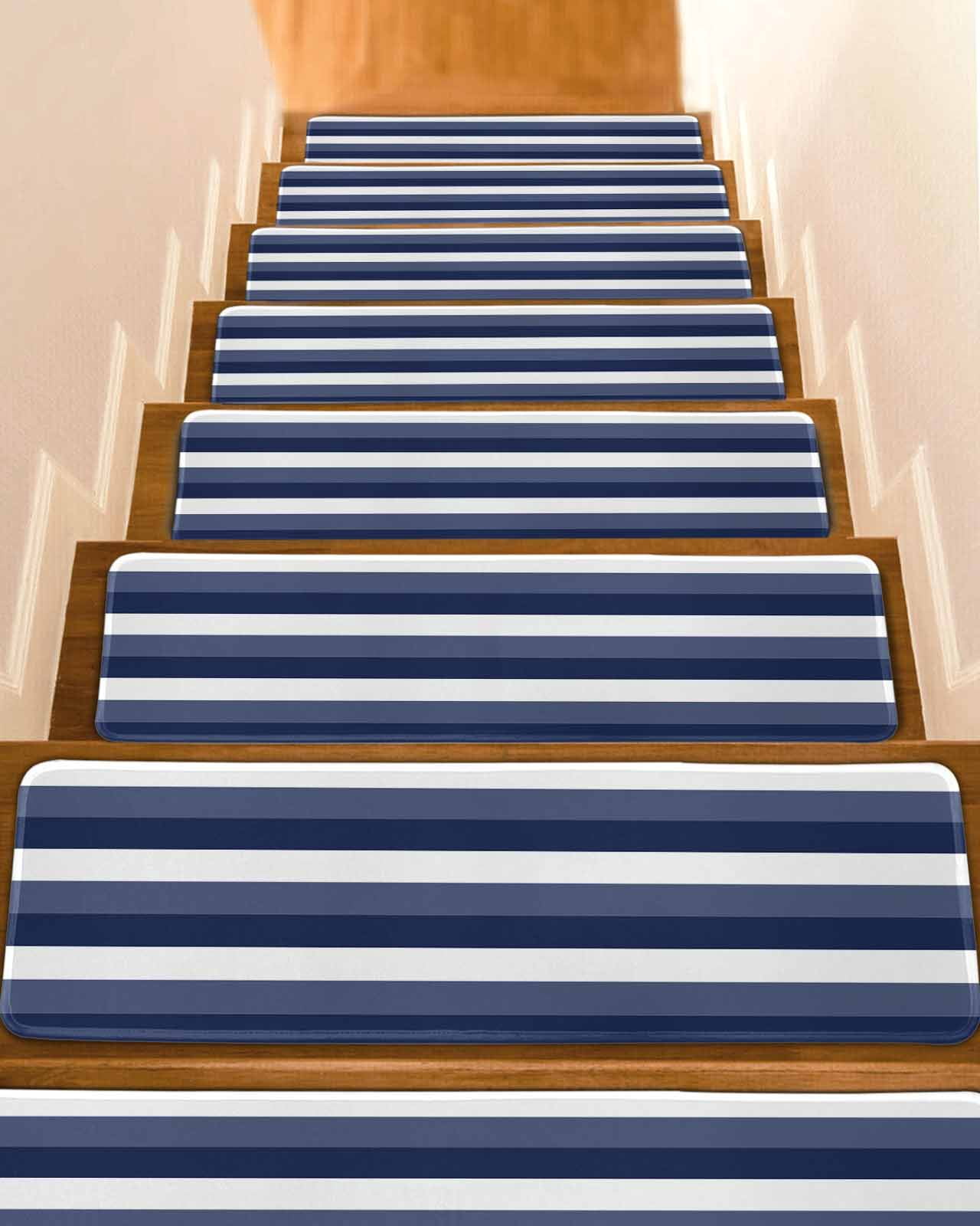 Navy Blue White Striped Stair Treads for Wooden Steps Indoor Runner Rug ...