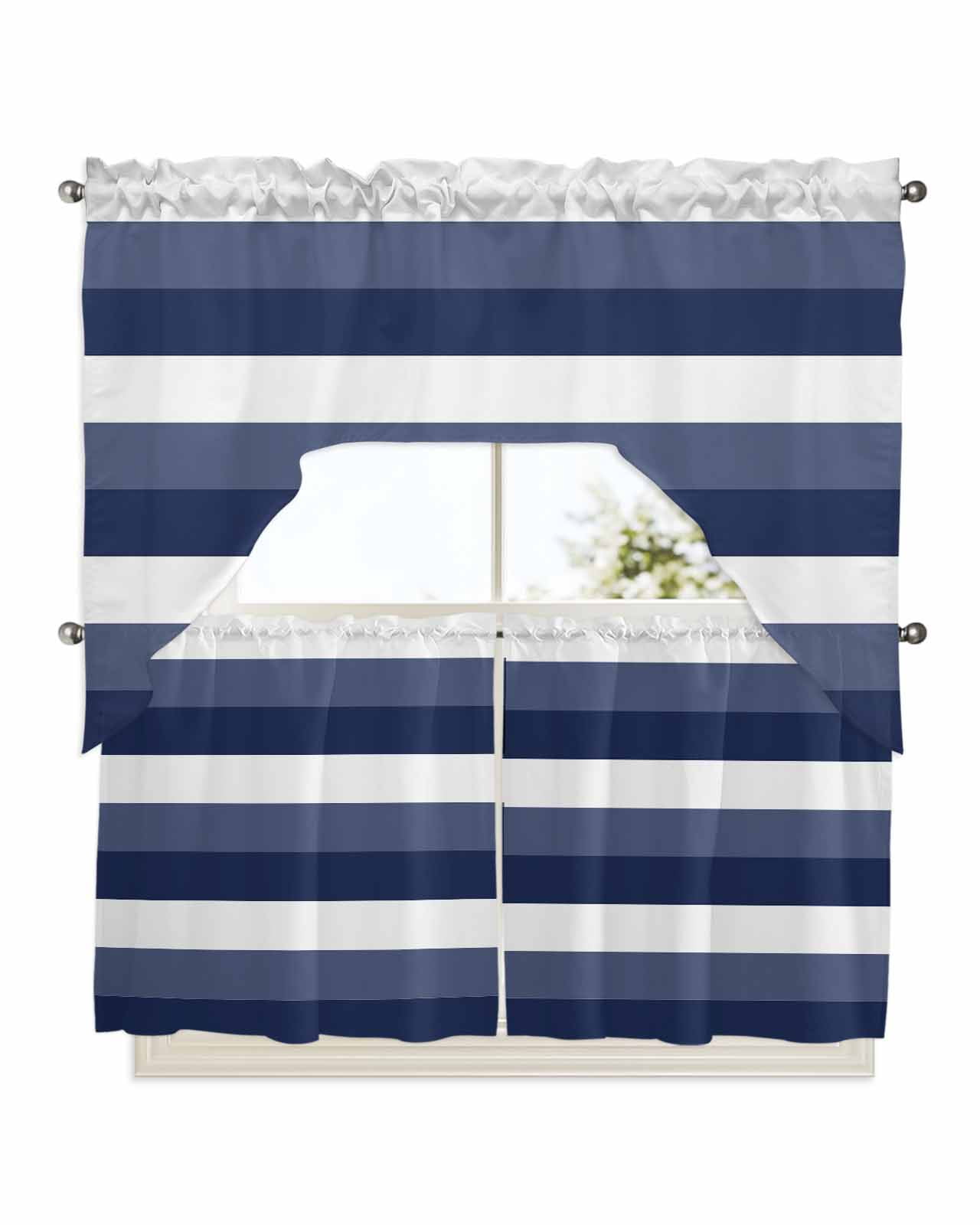 Navy Blue White Striped Swag Valance and Tier Curtains 24'' Length Set ...