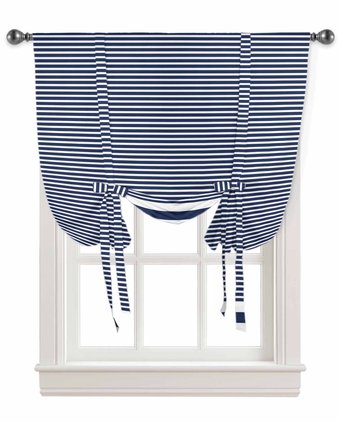 Navy Blue White Striped Tie Up Curtains for Window, Farmhouse Geometric ...