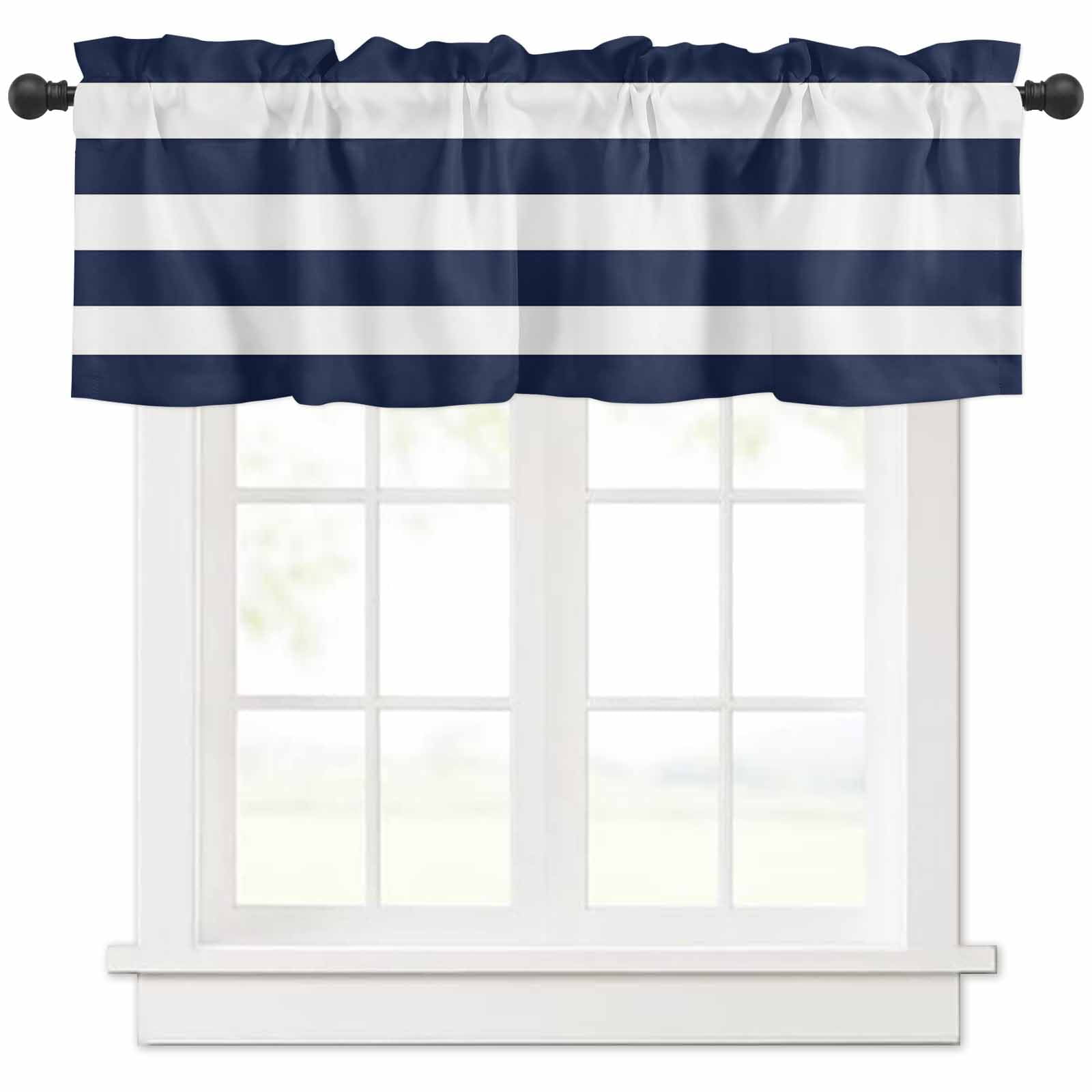 Navy Blue White Striped Valances for Windows Farmhouse Kitchen Curtains ...