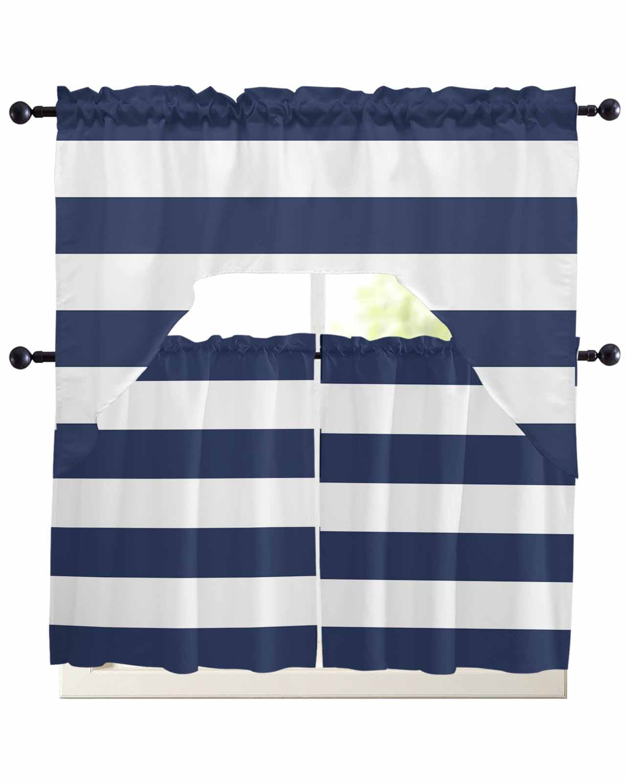Navy Blue White Stripes Simple Swag Valance and Tier Curtains Set ...