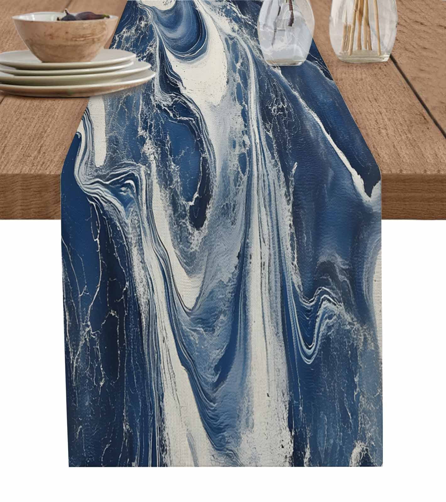 Navy Blue White Table Runner 72 Inches, Marble Texture Abstract Art Bed ...