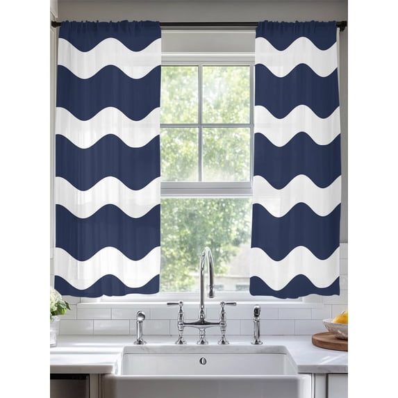 Navy Blue White Waves Ripple Chiffon Sheer Curtains 72 Inches Long ...