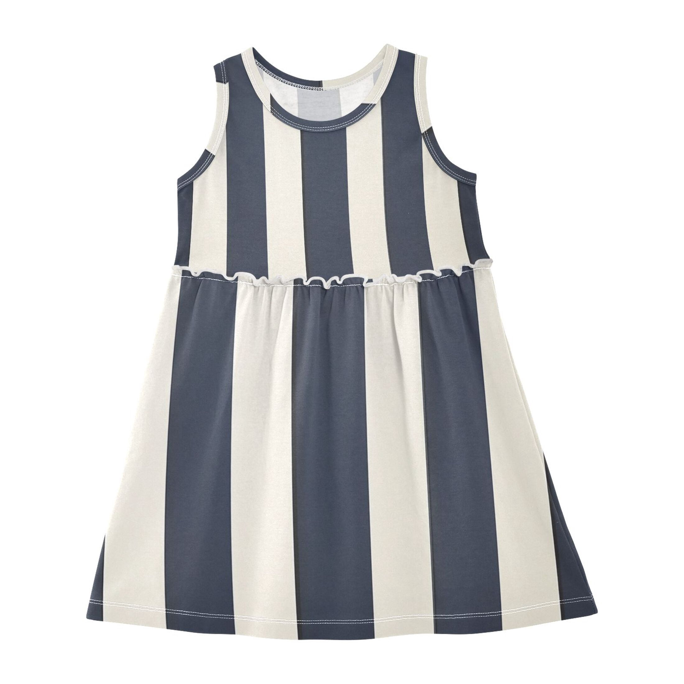 Navy Blue Wide Vertical Stripes Girls' Sleeveless Dress A-Line One ...