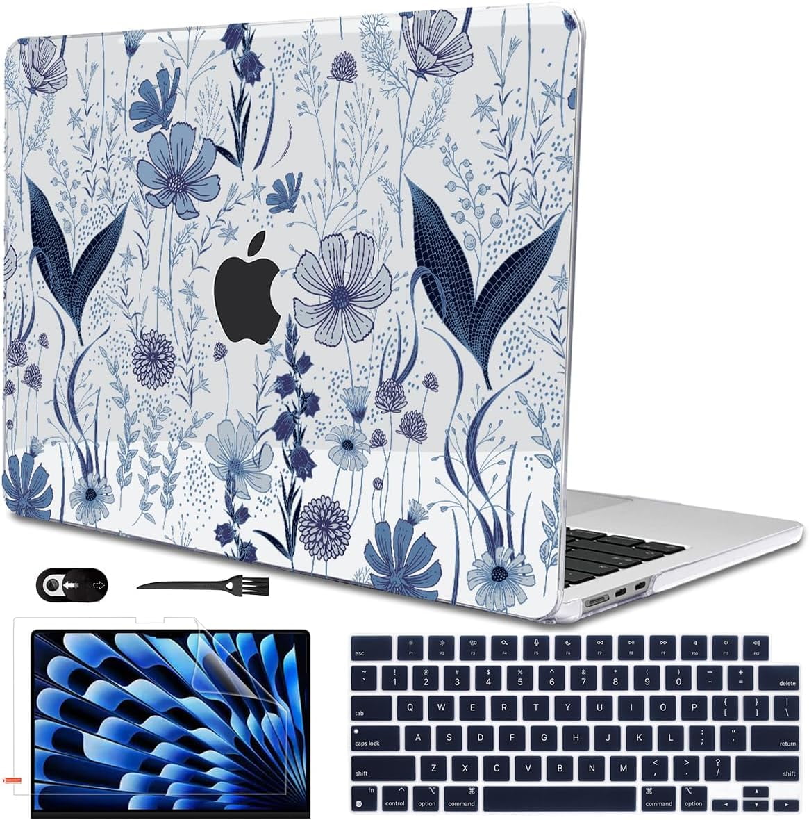 Navy Blue Wild Flowers Pattern Plastic Hard Shell Case with Screen Film ...