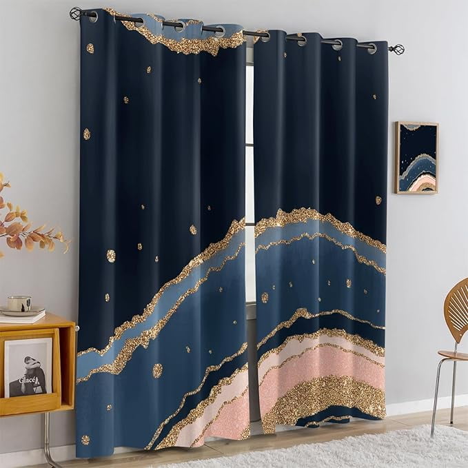 Navy Blue Window Curtain Panels, Pink Rose Gold Marble Gold Foil ...