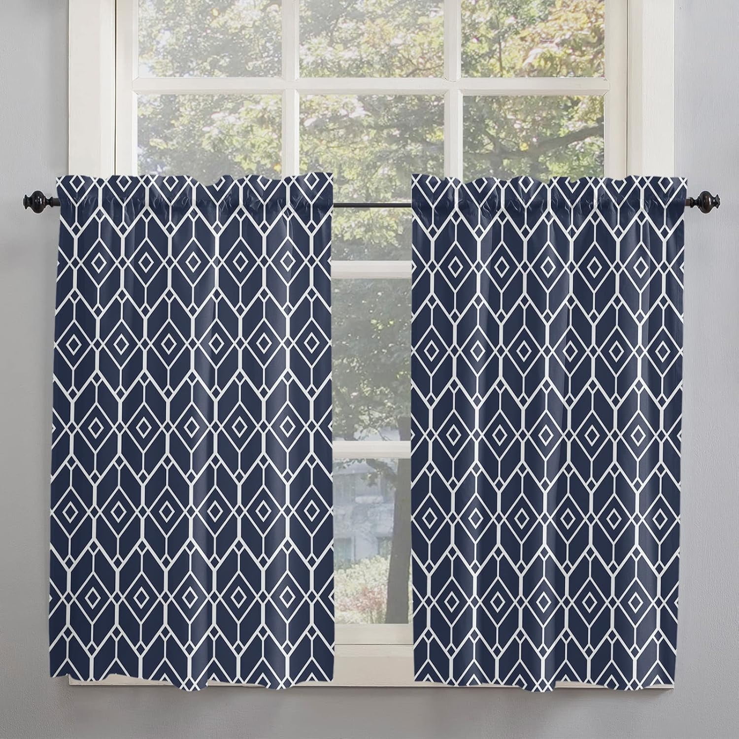 Navy Blue Window Short Curtains 54 Inch Length, White Modern Geometric ...