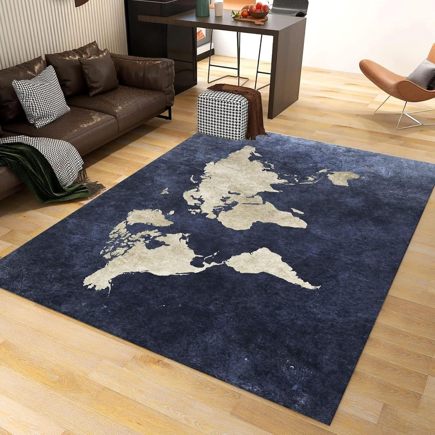 Navy Blue World Map Area Rug Vintage Ocean Map Washable Floor Carpet ...