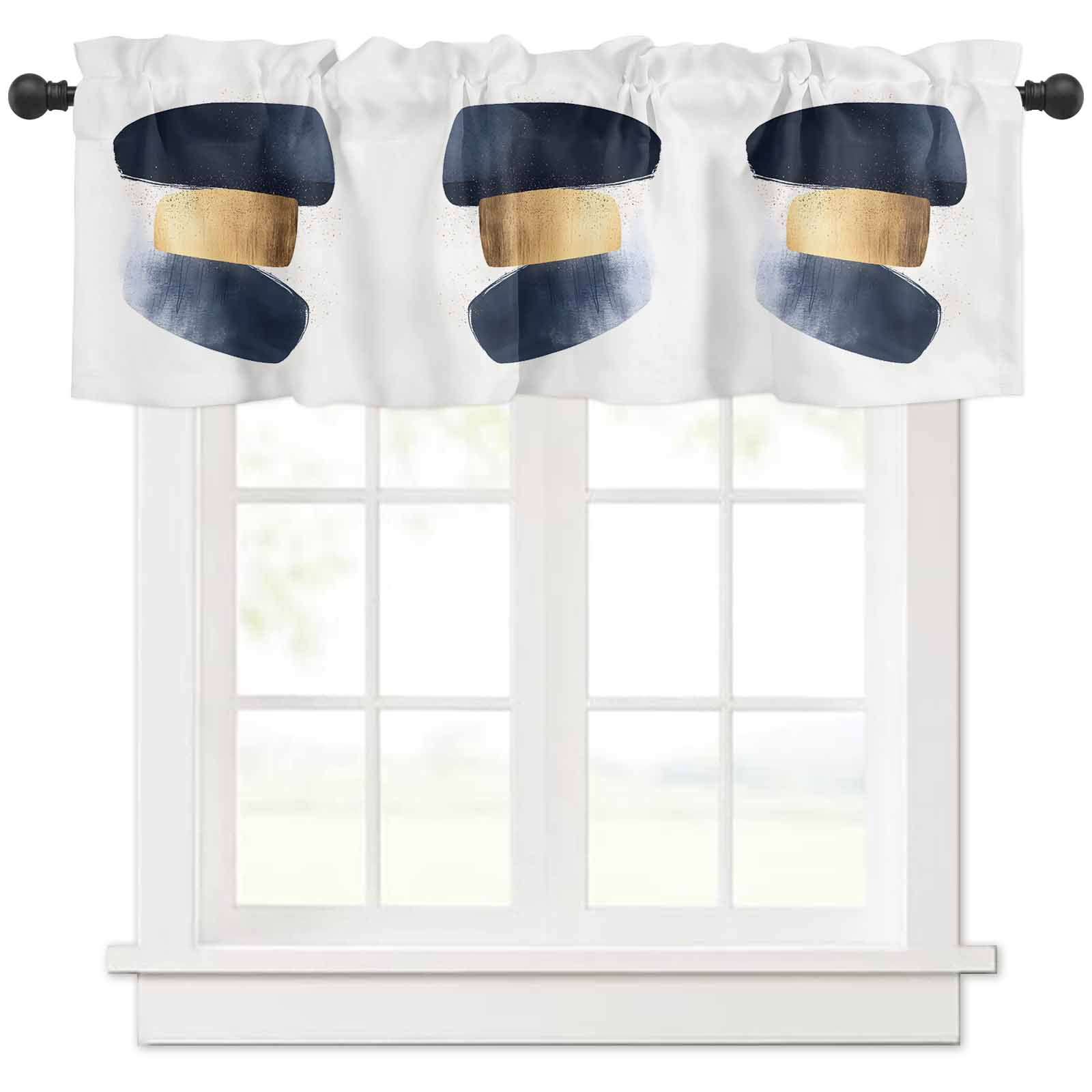 Navy Blue Yellow Art Valances for Windows Farmhouse Kitchen Curtains ...