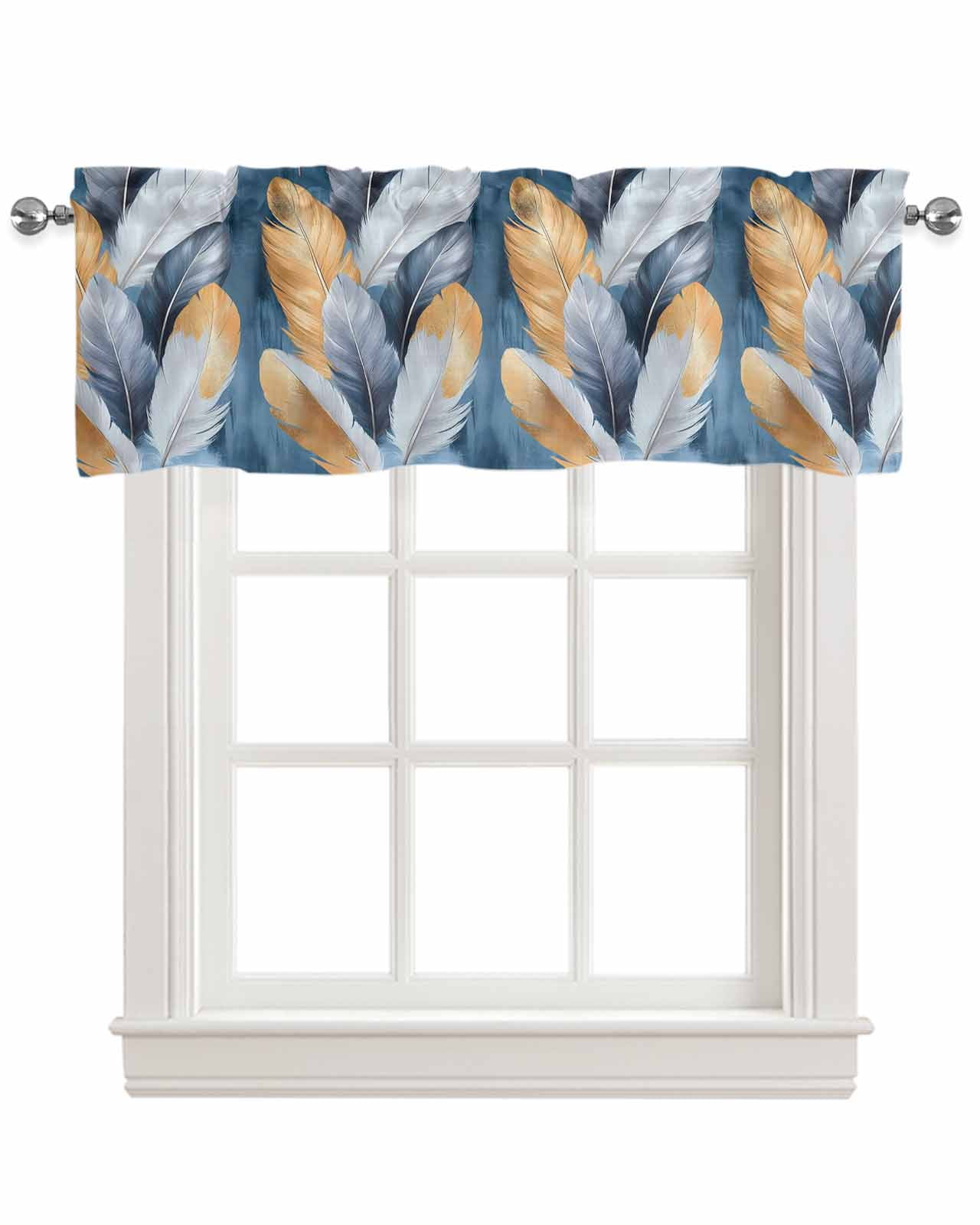 Navy Blue Yellow Feather Kitchen Valances for Windows Farmhouse Linen ...