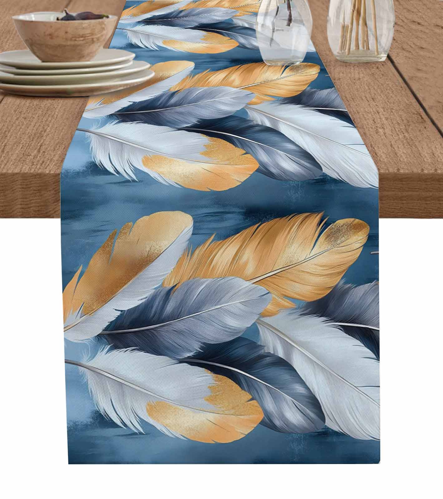 Navy Blue Yellow Feather Table Runner 72 Inches, Simpler Modern ...
