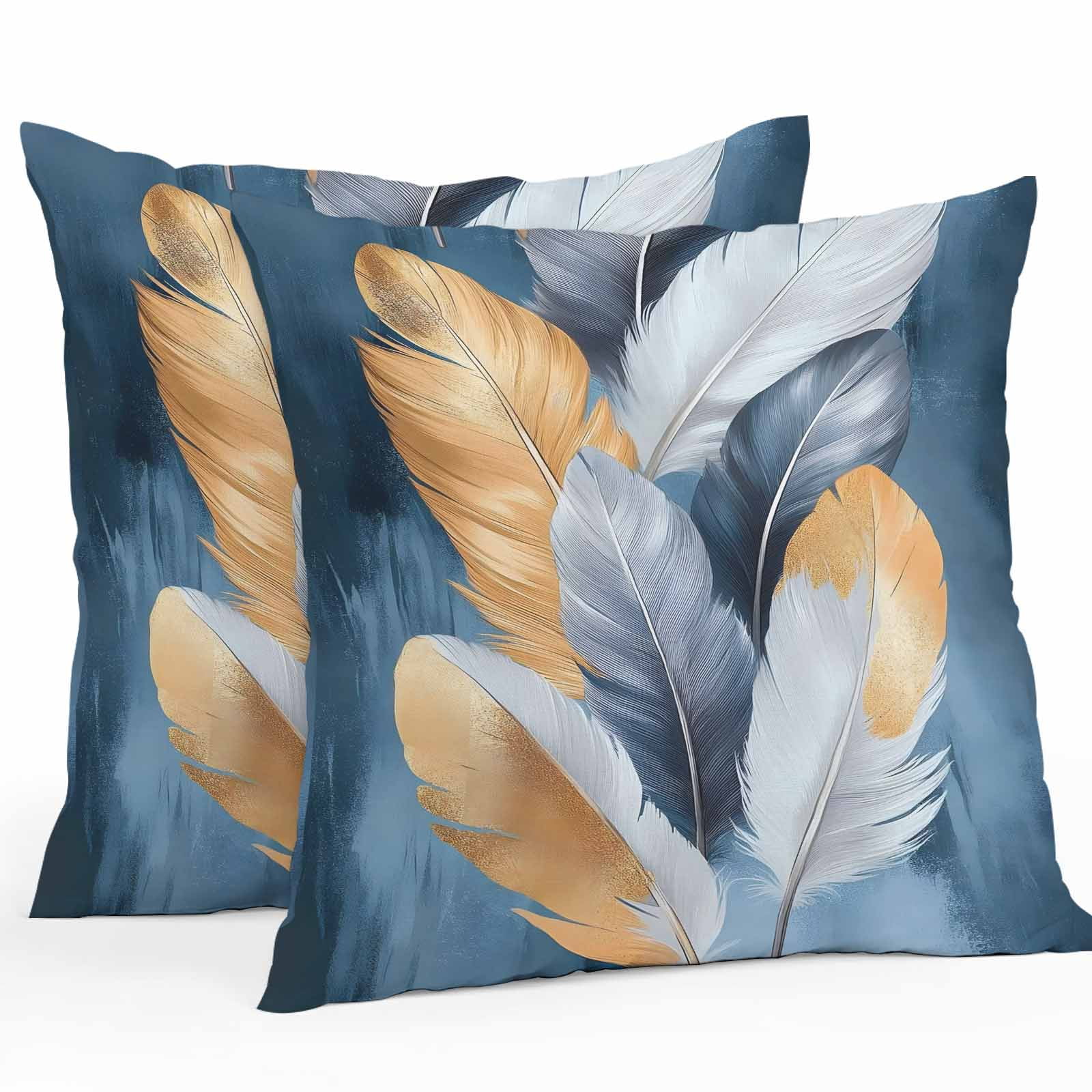 Navy Blue Yellow Feather Waterproof Outdoor Throw Pillow Covers 16''x16 ...