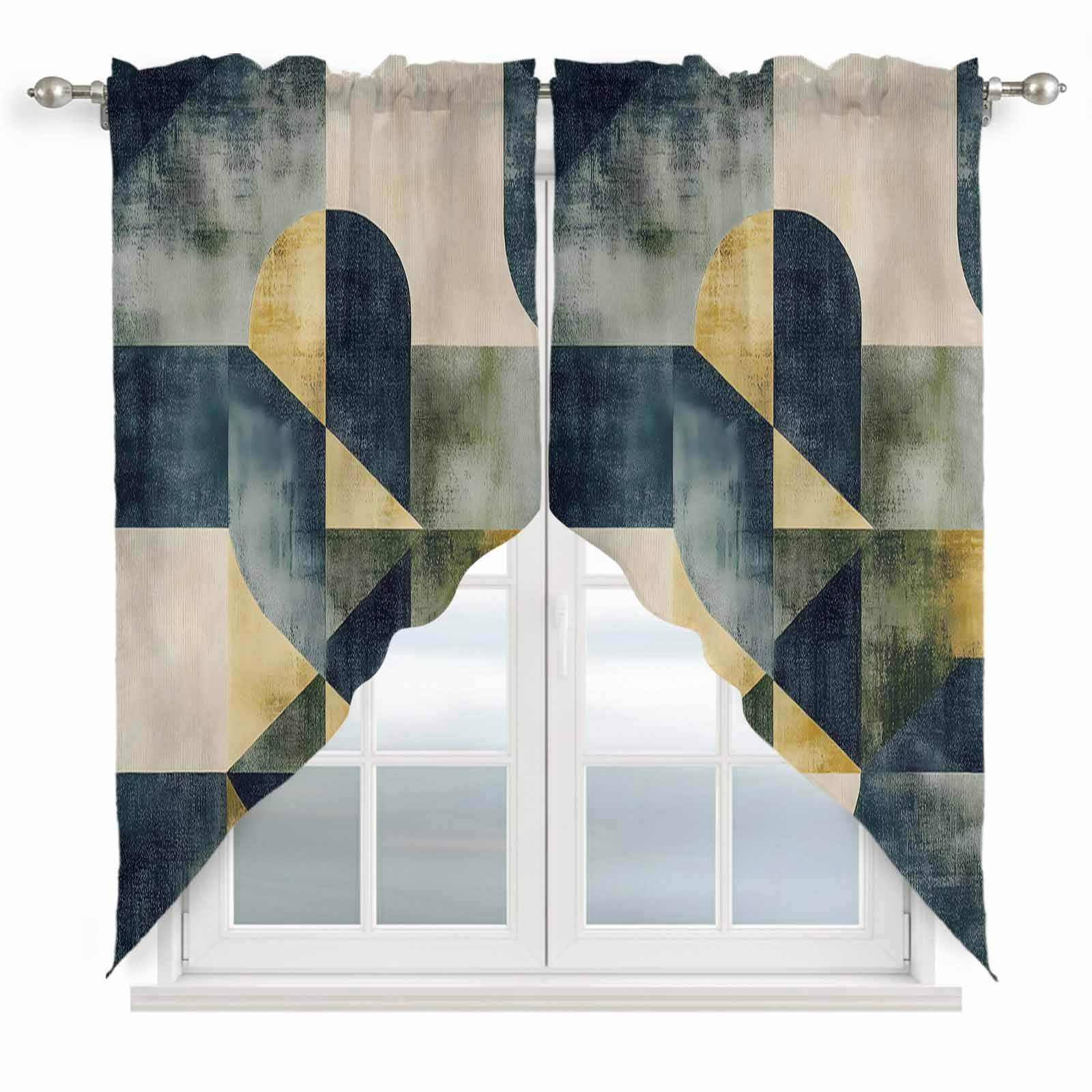 Navy Blue Yellow Geometric Swag Curtains Modern Abstract Art Swag ...