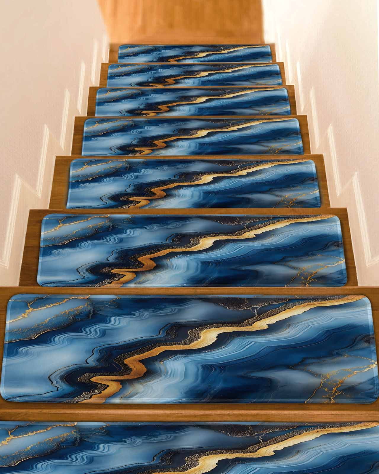 Navy Blue Yellow Marble Non-Slip Stair Treads for Wooden Steps, 15 Pack ...