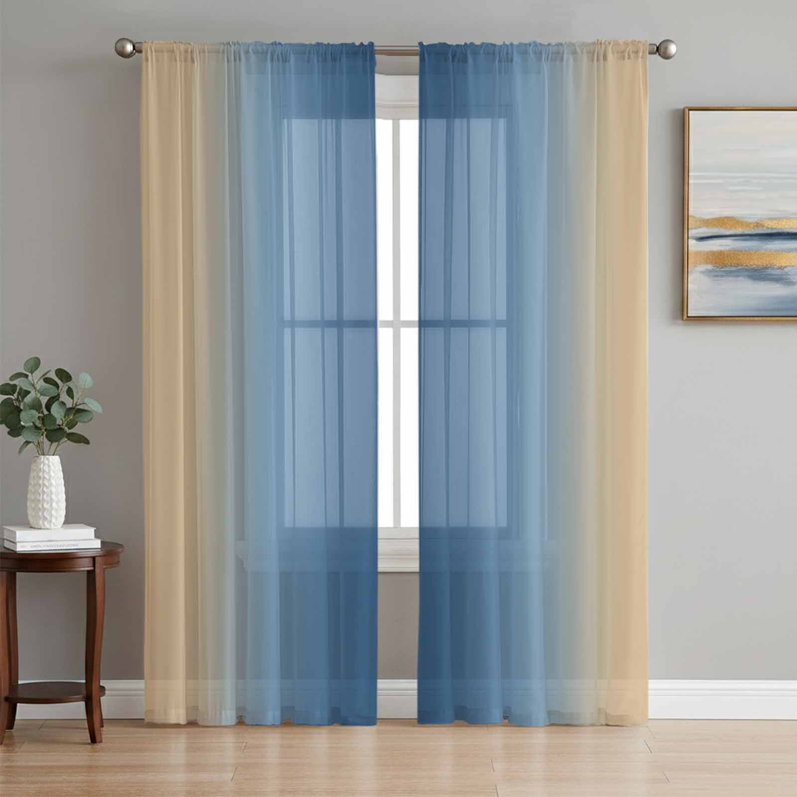Navy Blue Yellow Ombre Sheer Curtains 84 Inch Length 2 Panels Set ...