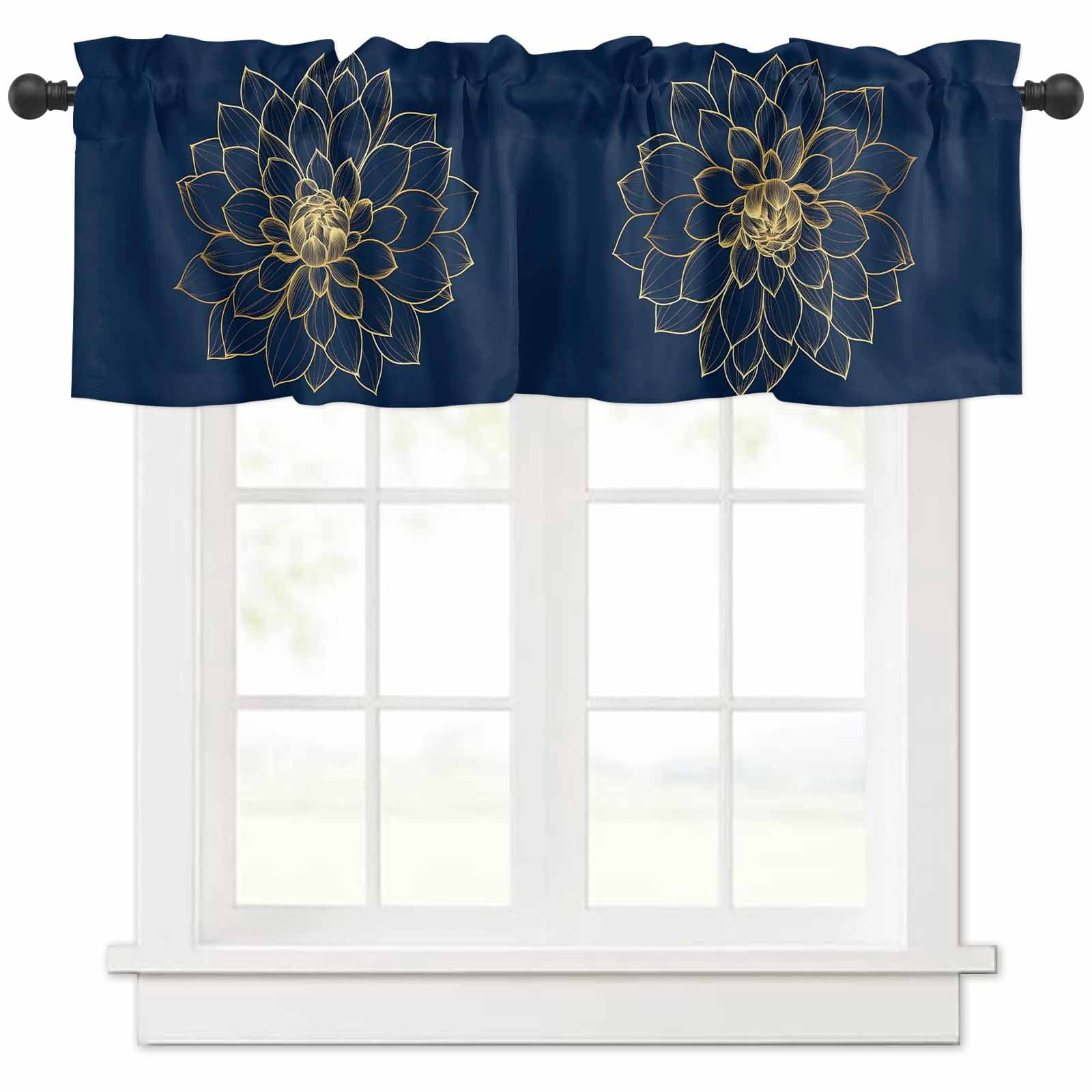 Navy Blue Yellow Spring Floral Valances for Windows Farmhouse Kitchen ...
