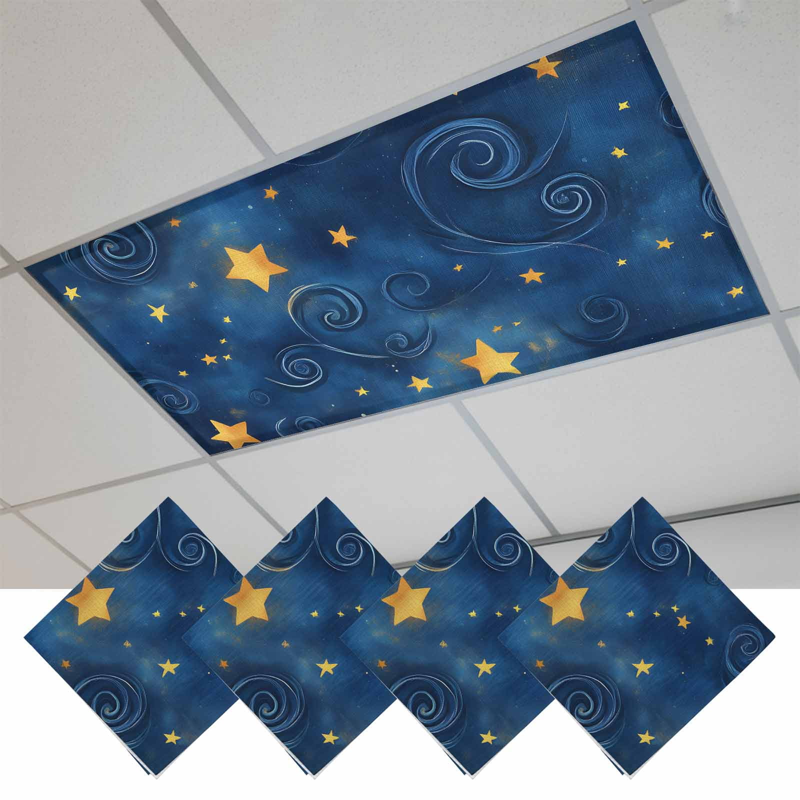 Navy Blue Yellow Star Fluorescent Light Covers, Starry Sky Vintage ...