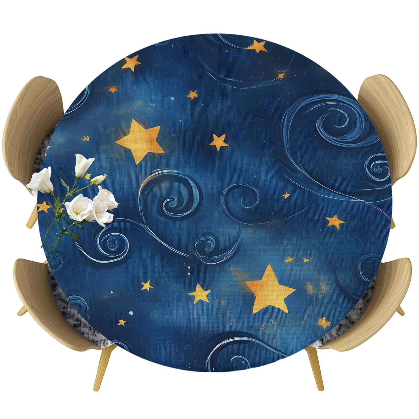 Navy Blue Yellow Star Round Tablecloth 45-54 Inch Round Fitted Table ...
