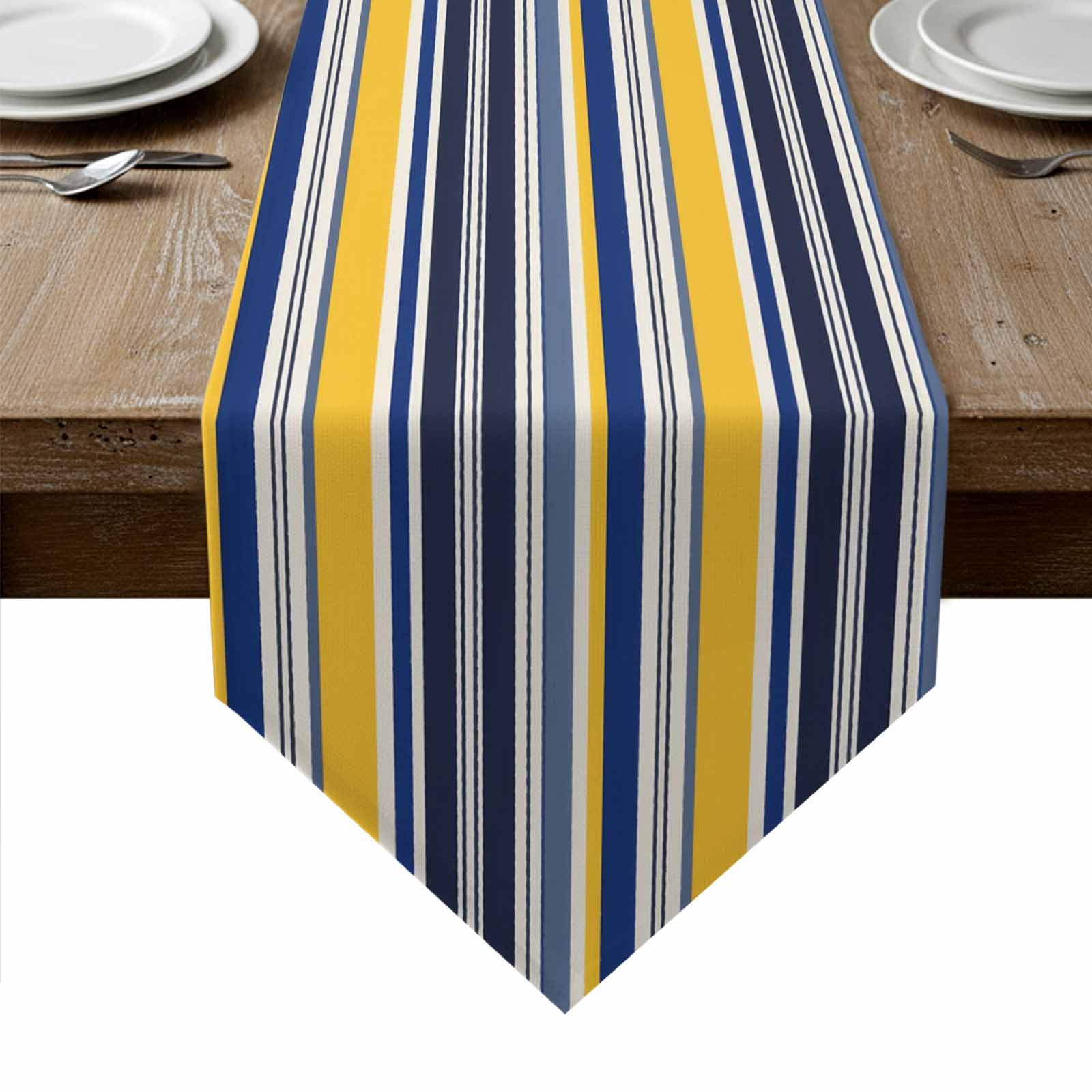 Navy Blue Yellow Striped Table Runner Linen Burlap Table Runner 90 ...