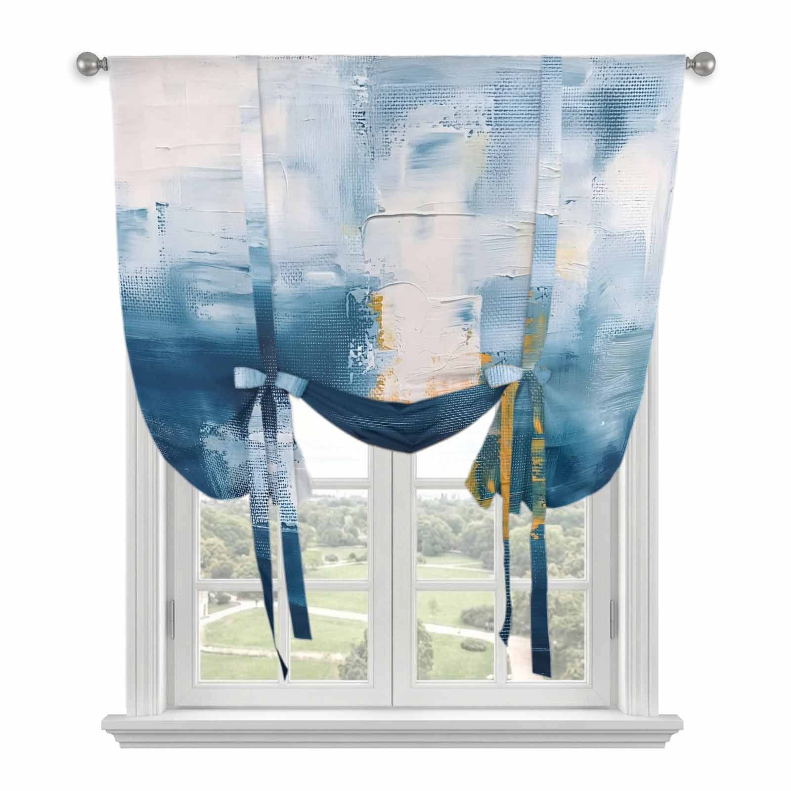 Navy Blue Yellow Tie Up Curtain Valance for Window,Adjustable Rod ...