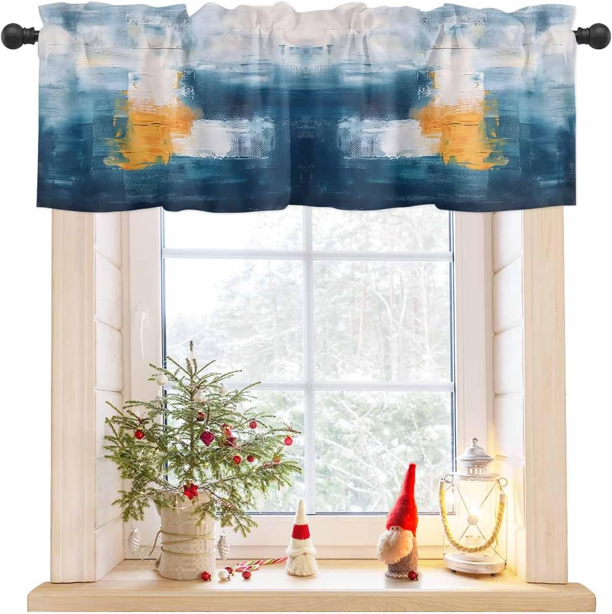 Navy Blue Yellow Window Valance Curtains, Window Treatment for Kitchen ...