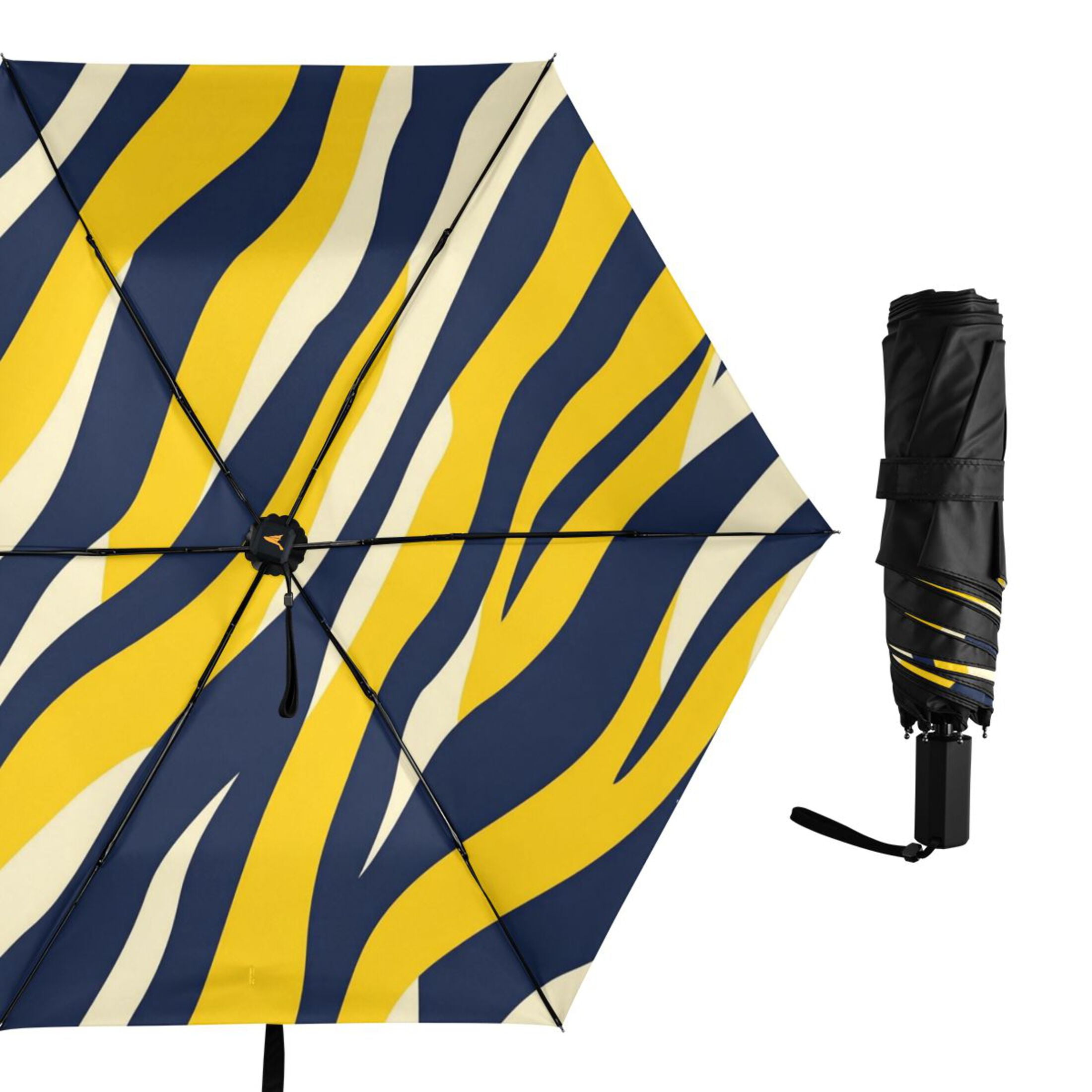 Navy Blue Yellow Zebra Print Triple Folding Umbrella Parasol 6 Ribs UV ...