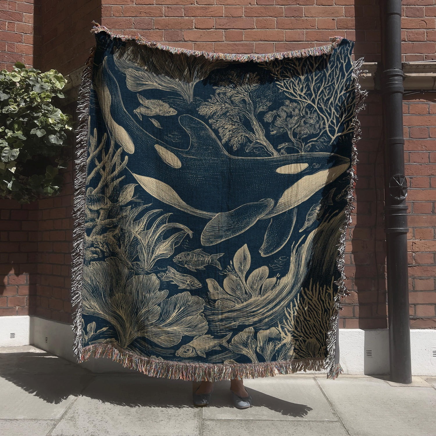 Navy Blue and Beige Whale, Fish and Coral Woven Throw Blanket, 100% ...
