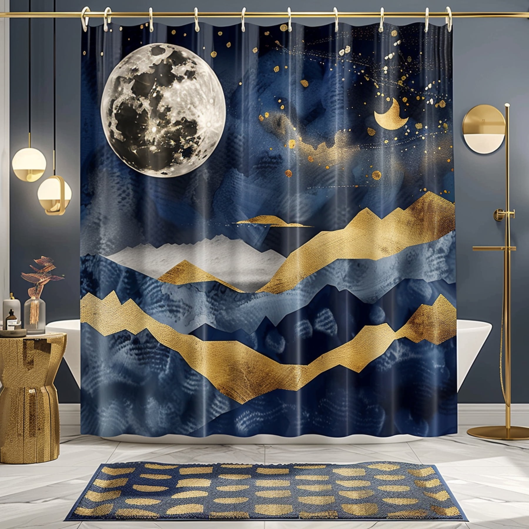 Navy Blue and Gold Celestial Mountain Bathroom Set Luxury Interior Design with Unique Patterns ...