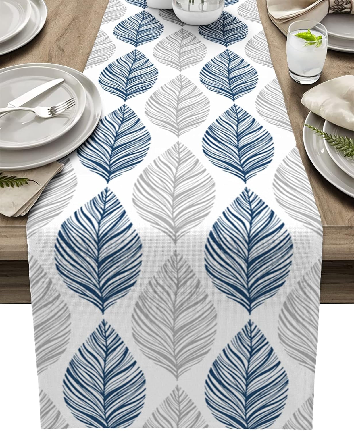 Navy Blue and Grey Leaf Texture Linen Table Runner Gray Abstract Art ...