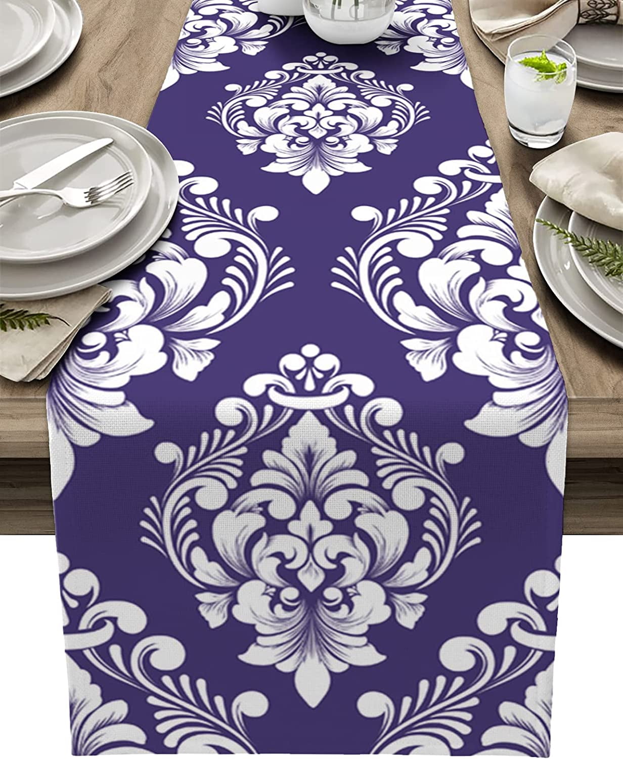 Navy Blue and Grey Leaf Texture Linen Table Runner Wedding rtions ...