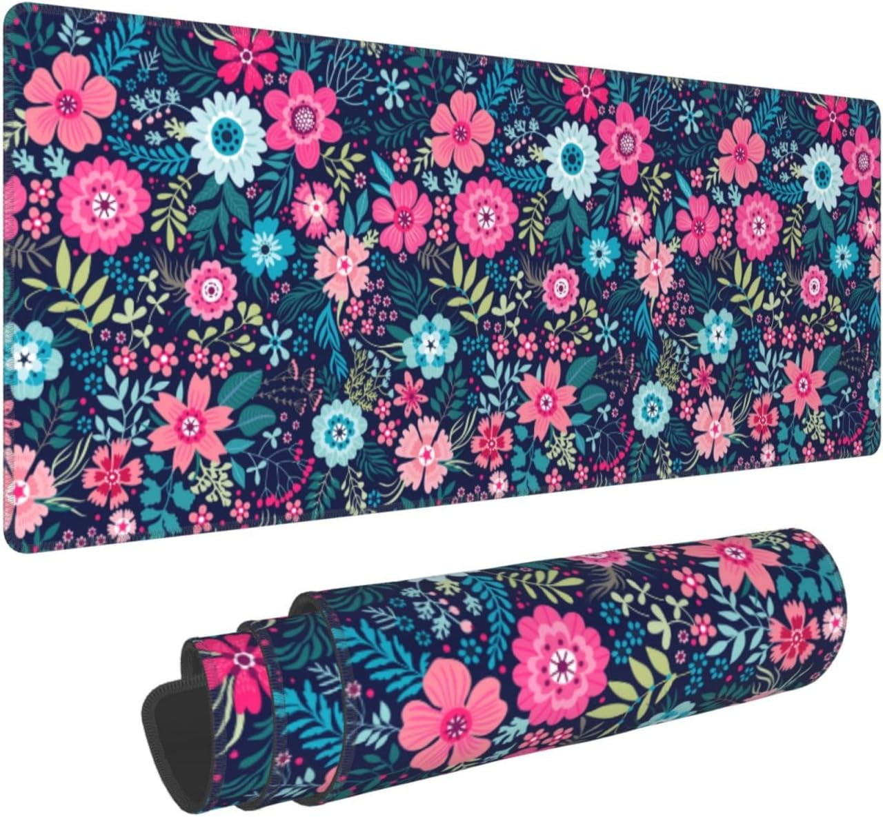Navy Blue and Pink Floral Hippie Gaming Mouse Pad Extended Large ...