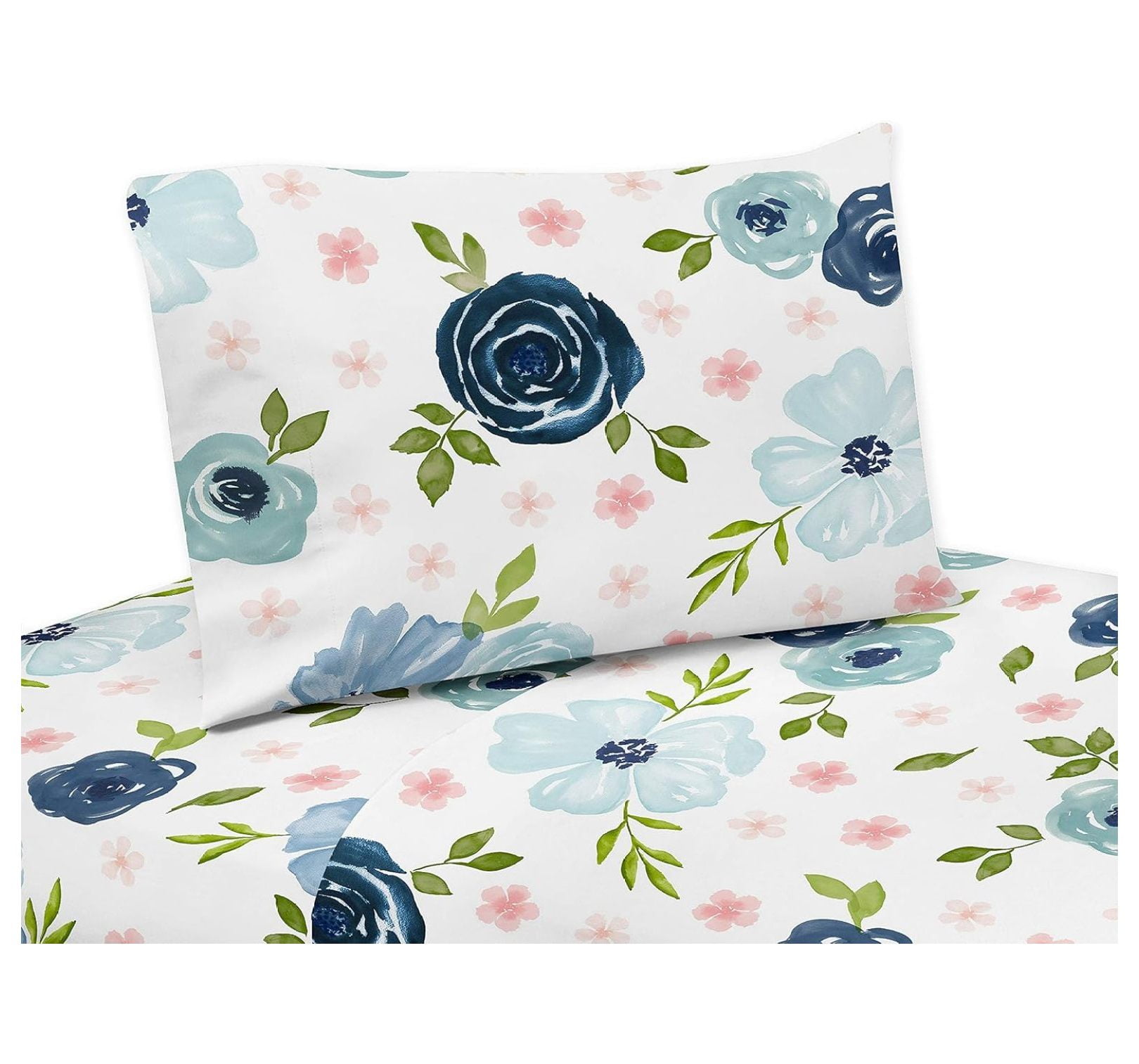 Navy Blue and Pink Watercolor Floral Queen Sheet Set - 4 Piece Set ...