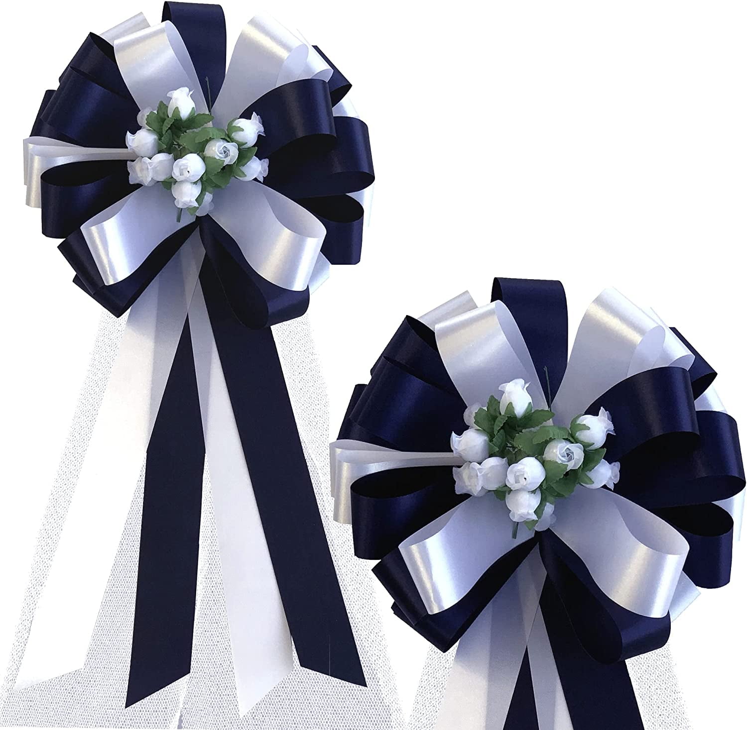 Navy Blue and White Wedding Pull Bows with Tulle Tails and Rosebuds - 8 ...