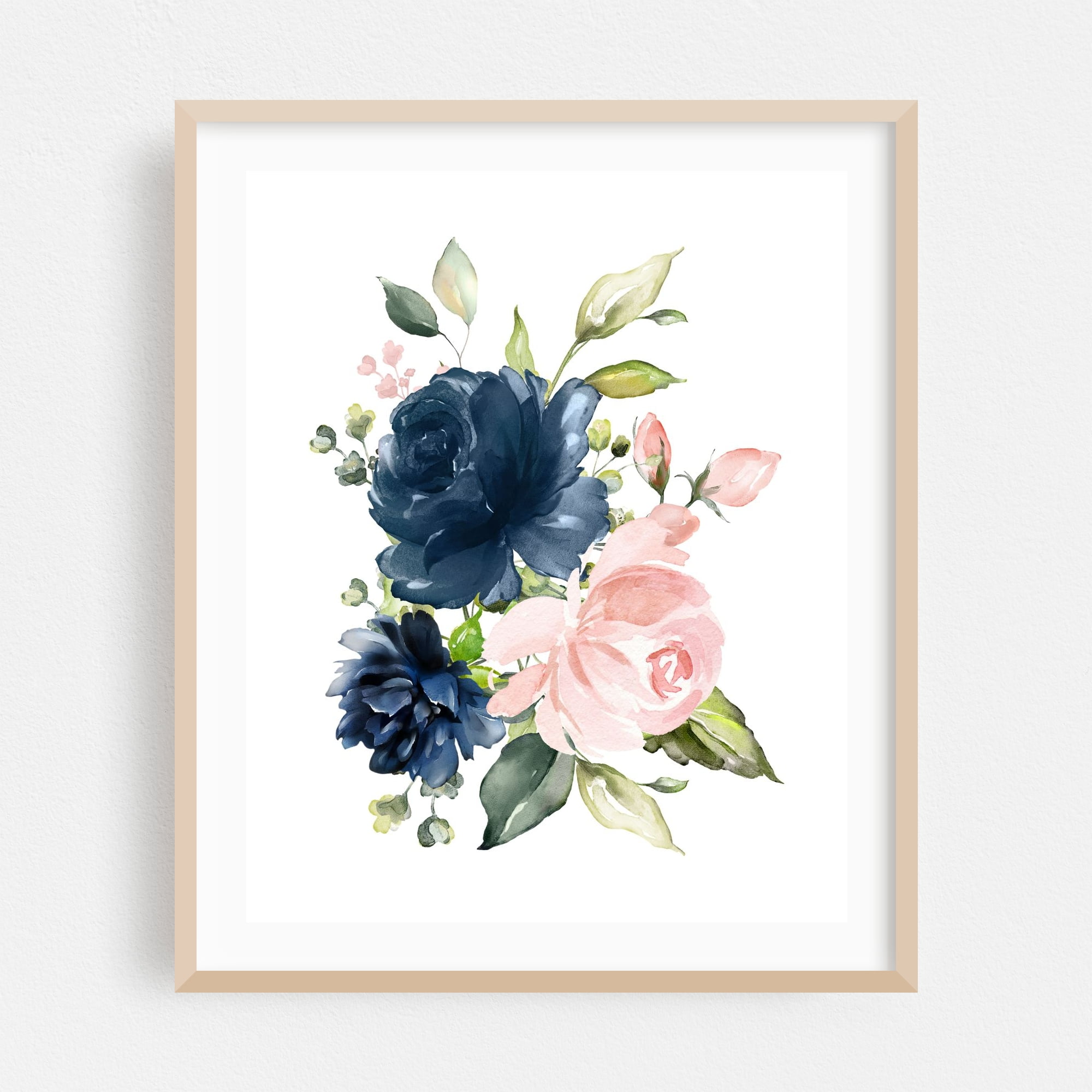 Navy and Blush Flowers, Watercolor Flowers, Roses, Greenery, Girl Nursery - Illustration Floral ...