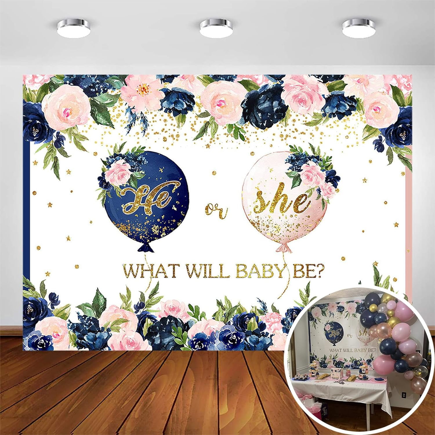 Navy and Blush Gender Reveal Backdrop He or She Navy Blue Blush Pink ...