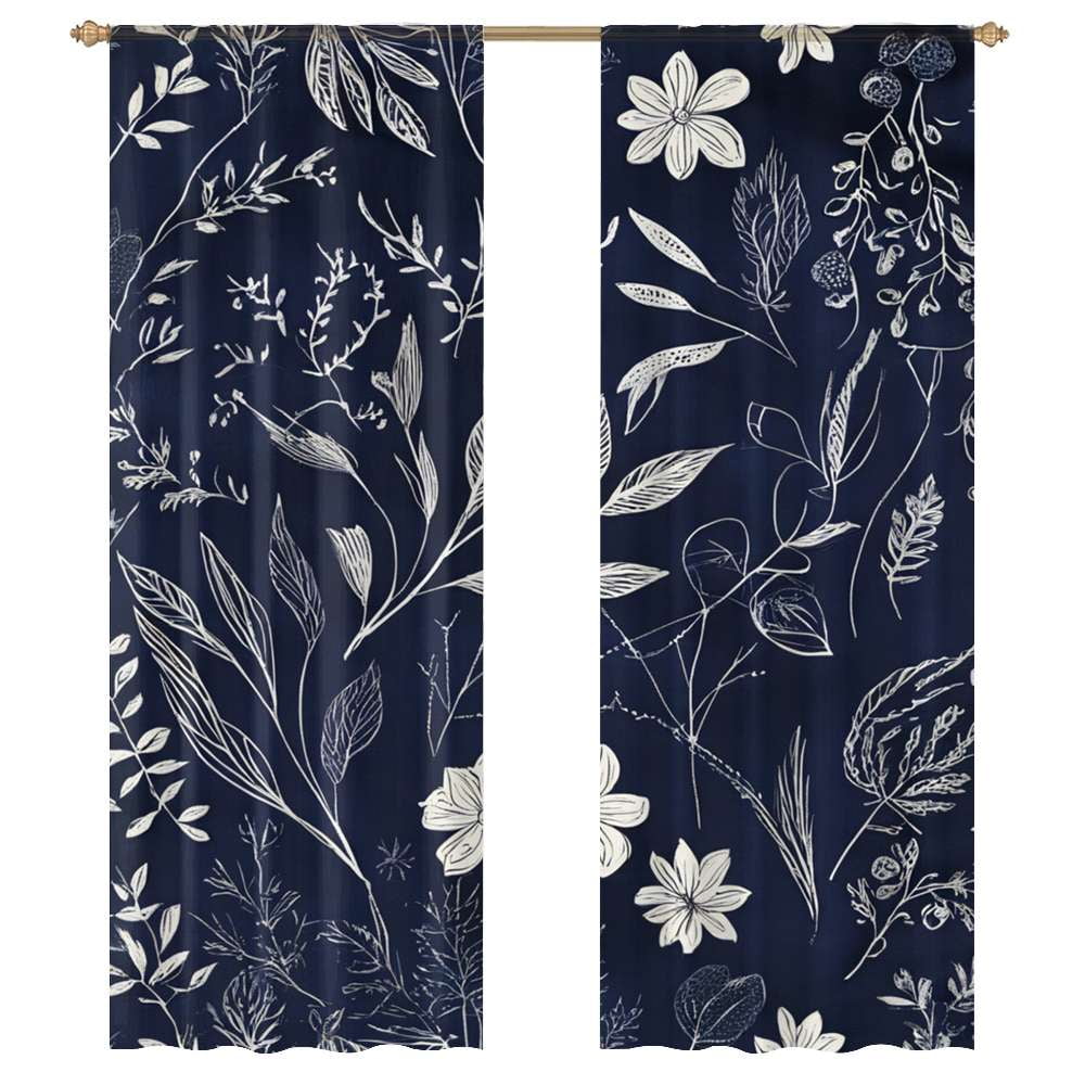 Navy Botanical Sketch Sheer Voile Curtain Window Tulle Curtains For ...