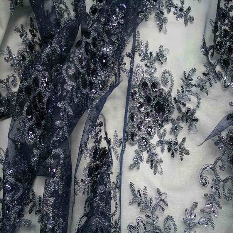 Navy Bristol Glitter Sequin Embroidered Mesh Fabric. Lace Netting ...