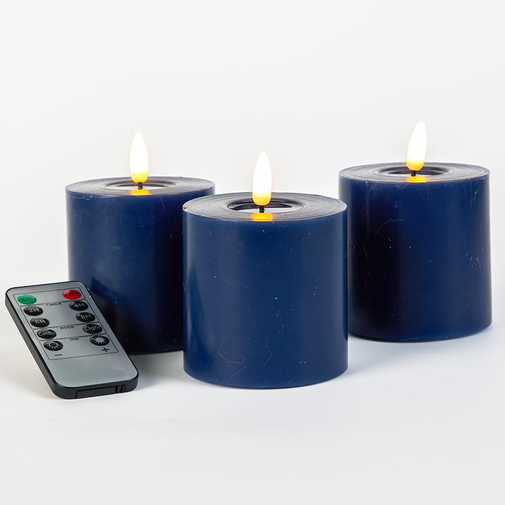 Navy Candles Flameless Set of 3 (H3" x D3") Navy Decor Battery Operated with Remote LED Pillar 3 ...