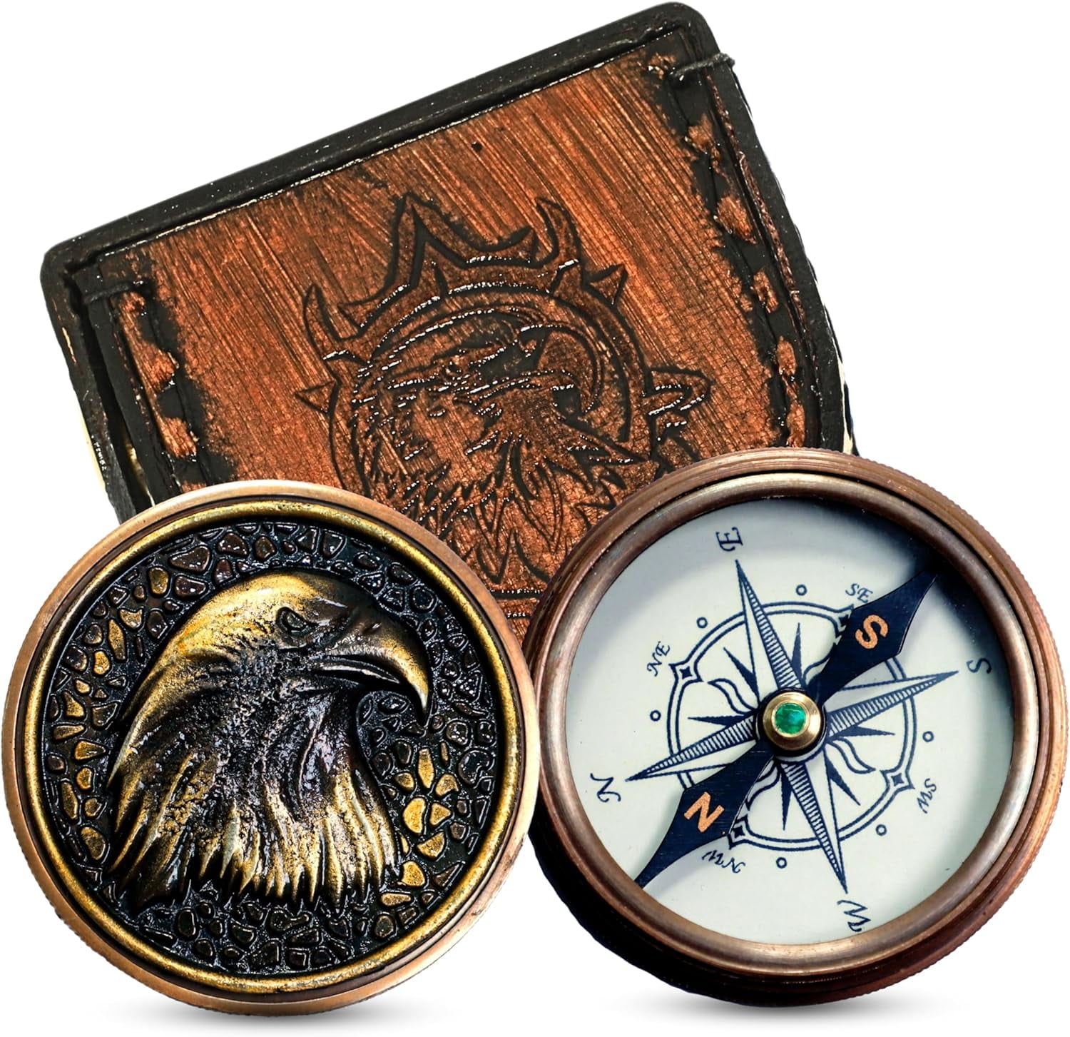 Navy Collection Solid Brass Antique Compass in Leather Case Engraved ...