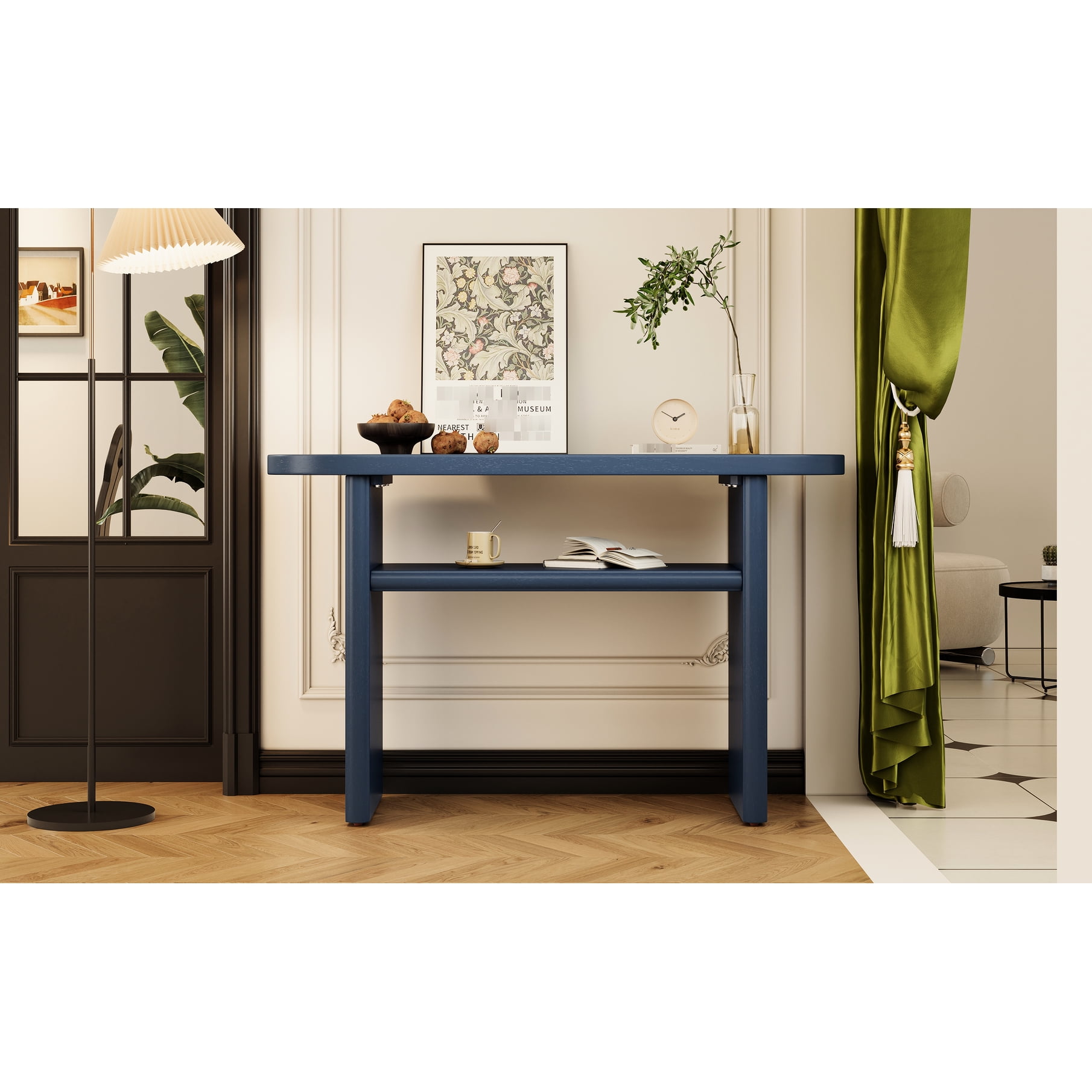 Navy Console Table With A Material And Matte Black Detailing Elegant In ...