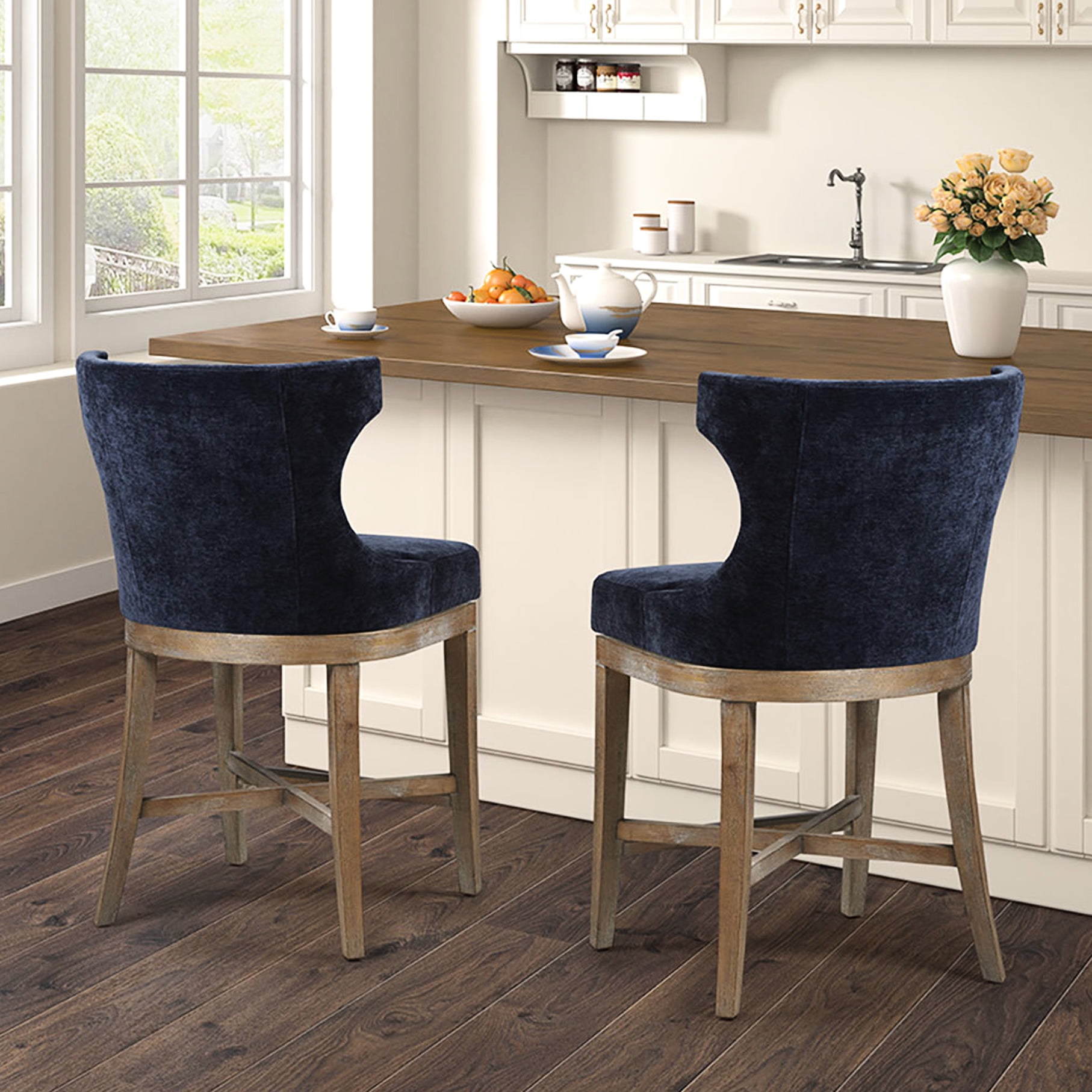 Navy Counter Stool With Swivel Base - Solid Wood Frame, 300 Lbs ...