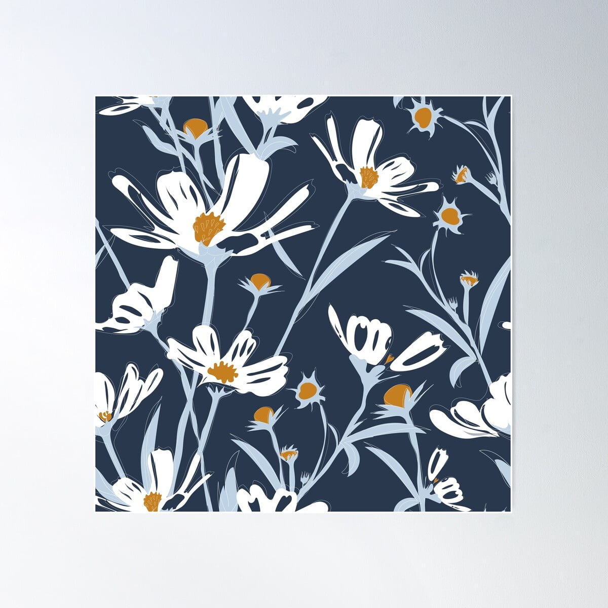 Navy Cozy Flowers Poster Wall Art, Modern Wall Decor For Living Room ...