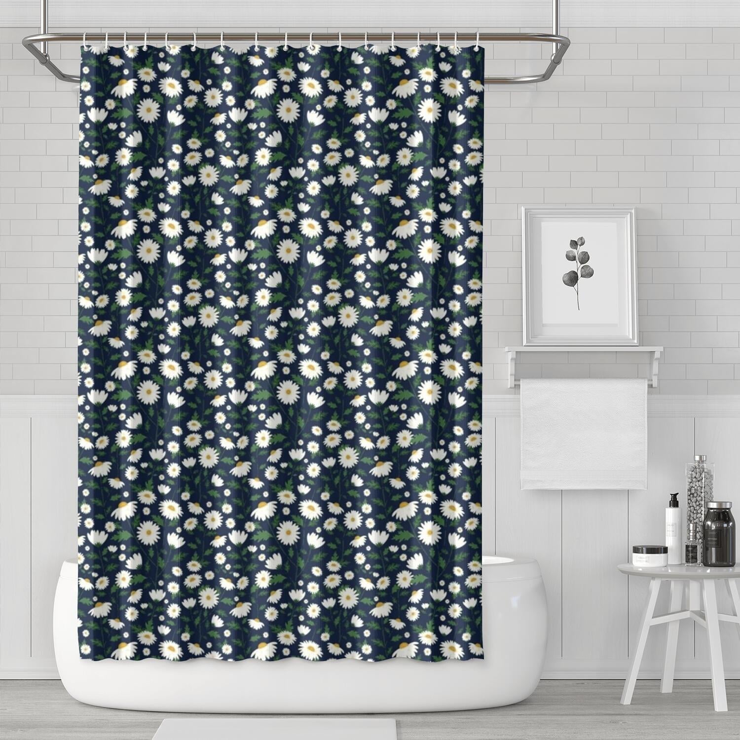 Navy Daisy Flower Floral Pattern Shower Curtain 72"x72" ,Bathroom ...
