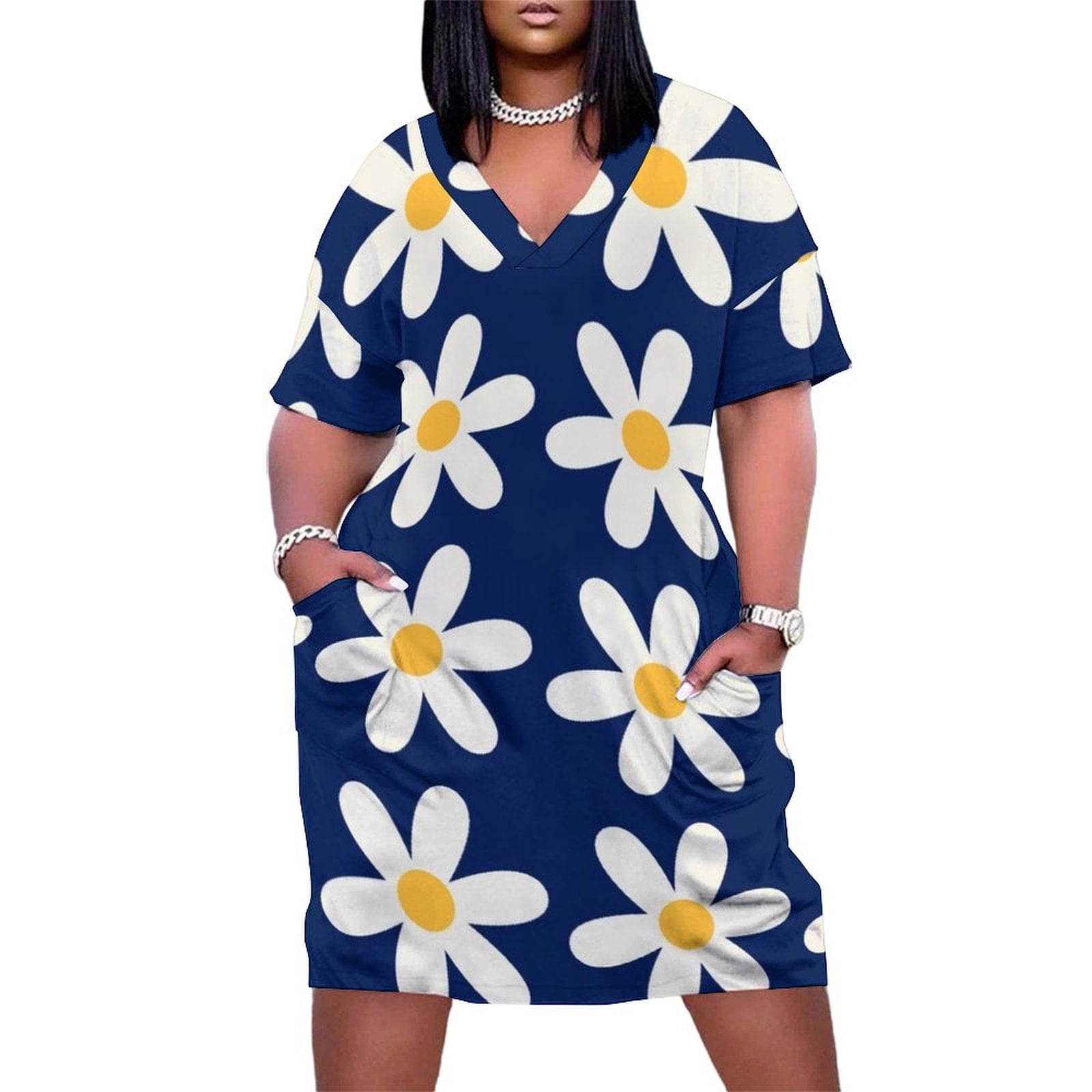 Navy Daisy Pattern Loose Pocket Dress summer outfits for women 2025 ...