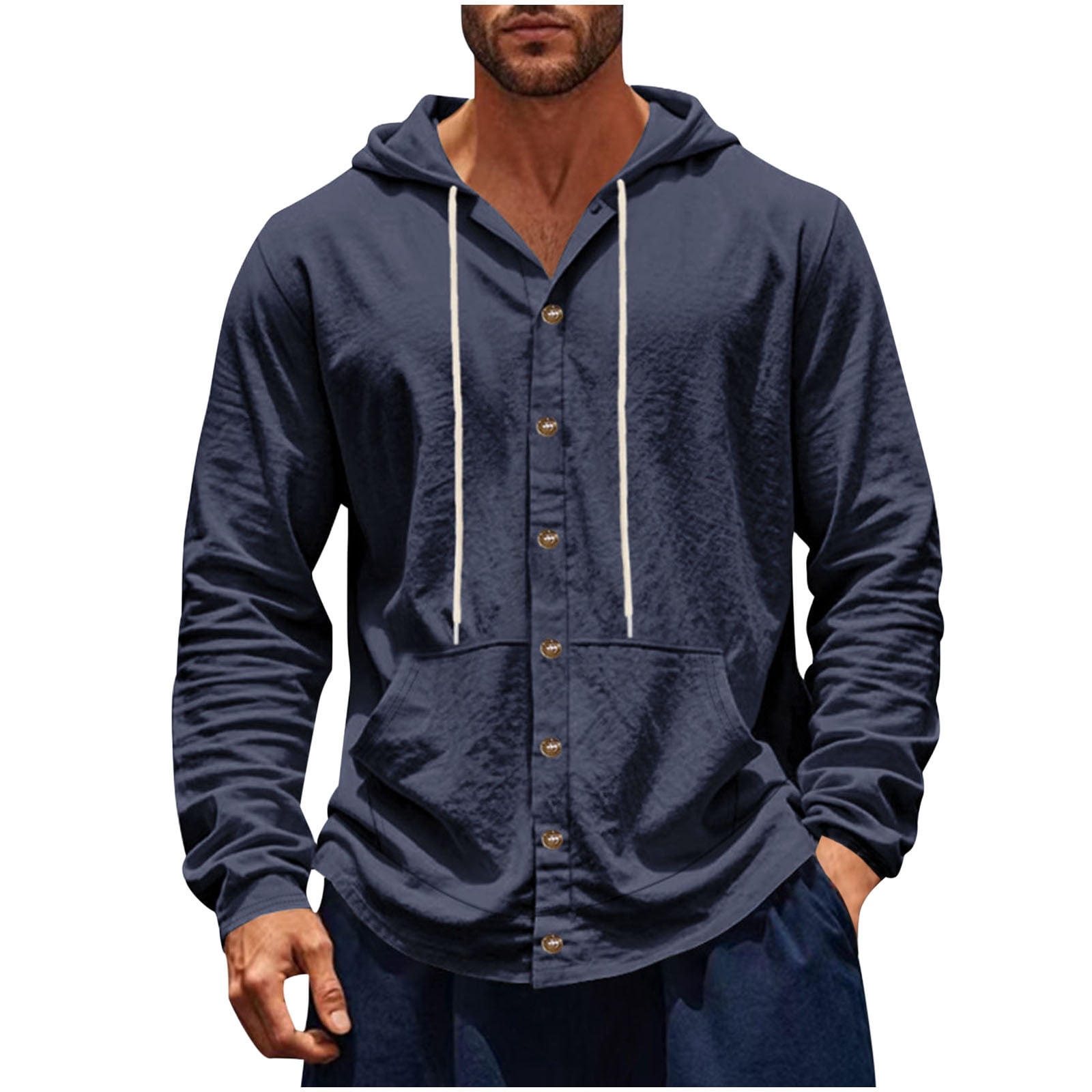 Navy Faux Linen Hoods for Mens Fall Summer Long Sleeve Lounge Vintage ...