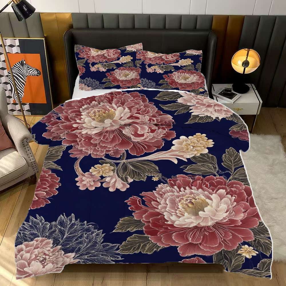 Navy Floral Peony Textile Design Comforter Set Full Size Bedding Set ...
